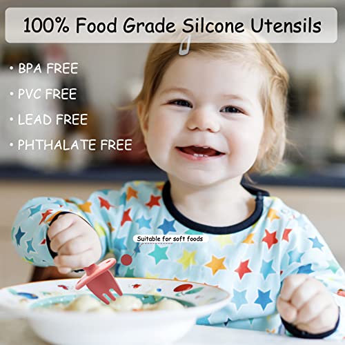 4 Pack Baby Utensils Self Feeding 6+ Months, Silicone Baby Spoons and Forks, Toddler Utensils for Baby Led Weaning, Chewable Utensils First Stage, Pink, Yellow