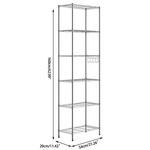 Anfan 6 Tier Wire Shelving Unit Heavy Duty Metal Wire Storage Shelves with Adjustable Leveling Feet & Side Hooks for Kitchen, Garage and Office (Silver)