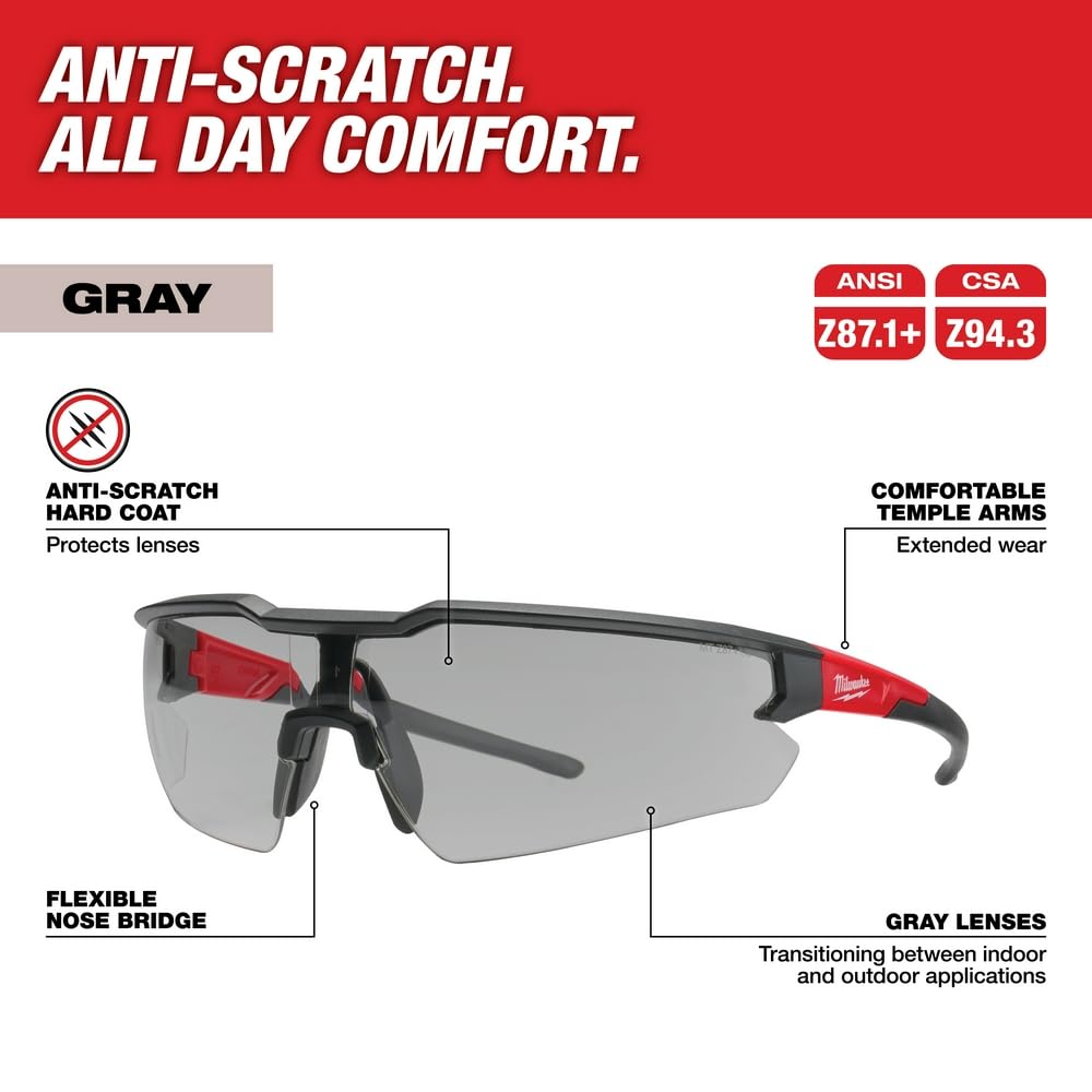 Milwaukee Anti-Scratch Safety Glasses Gray Lens Black/Red Frame - Case Of: 1