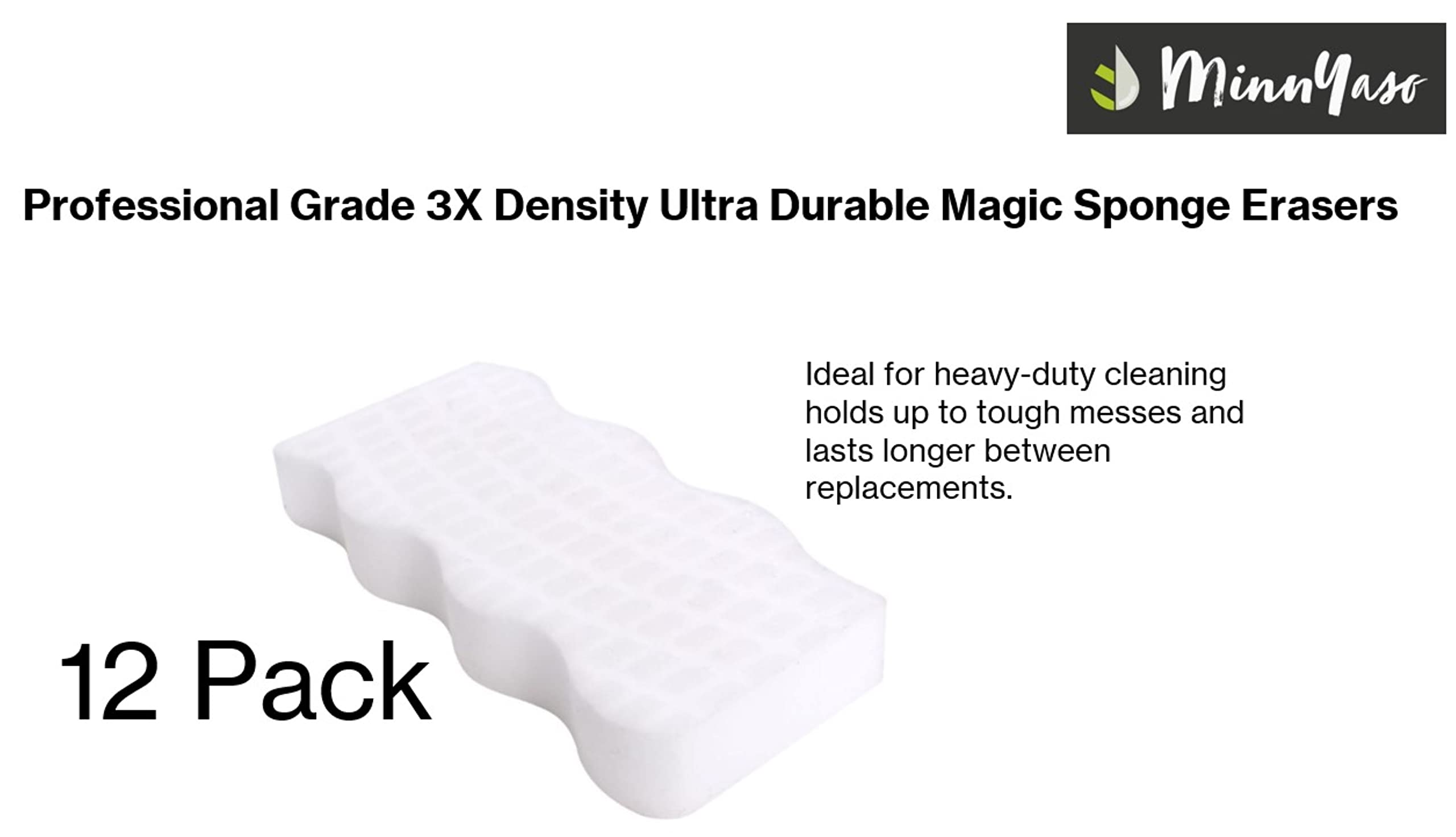 12 Pack 3X Density Ultra Durable Magic Sponge Erasers Professional Grade Multi Surface Scrubber Cleans Tough Dirt Scuffs Marks and Grime with No Chemicals Floor Wall Baseboard Bathroom Cleaner