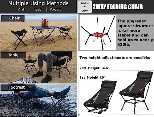 AnYoker Camping Chair, 2 Way Compact Backpacking Chair, Portable Folding Chair, Beach Chair with Side Pocket, headrest and Foot Rest, Lightweight Hiking Chair 01666 (Black)