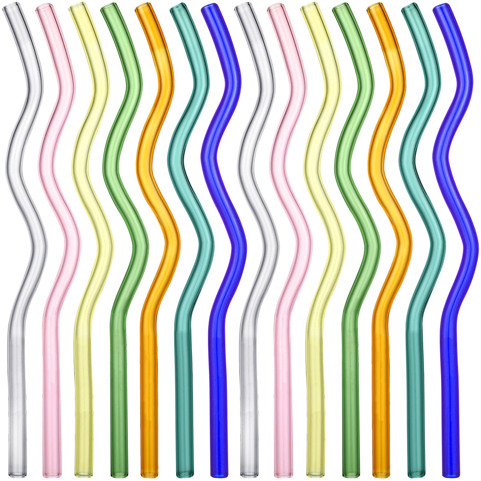14 Pieces 8 x 200 mm Wavy High Borosilicate Transparent Glass Straws Cute Colored Glass Straws Fun Clear Hard Reusable Straws for Beverages, Coffee, Milk, Tea Straws Kids (Bright Colors)