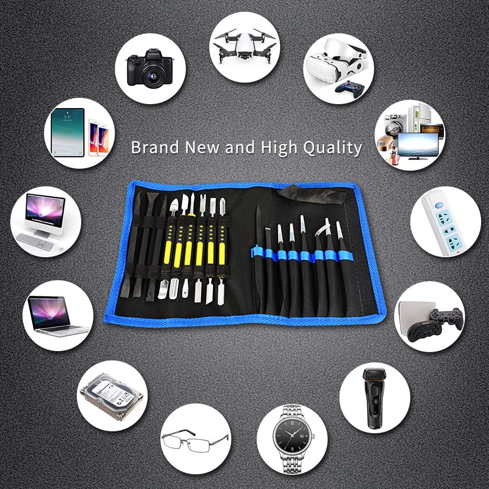17 in 1 Electronics Repair Tools Opening Pry Tool Kit with Dual Ends Metal Spudgers and Black Tweezers for iPad Tablets Laptop Electronics Device Mobile Phone