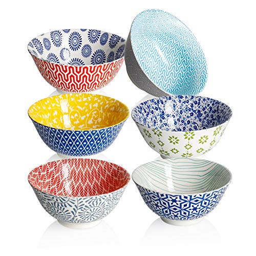 Amazingware Porcelain Salad Bowls - 18 Ounce for Cereal, Soup, Salad and Pasta, Bowl Set of 6, Assorted Designs