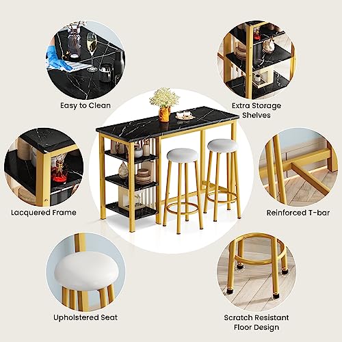 AWQM Home Bar Table Set of 2 with Storage Shelves, 47" Black Faux Marble Dining Set with Upholstered Leather Bar Height Stools, 3-Piece Kitchen Table for 2 People, Space Saving Table (Black & Gold)
