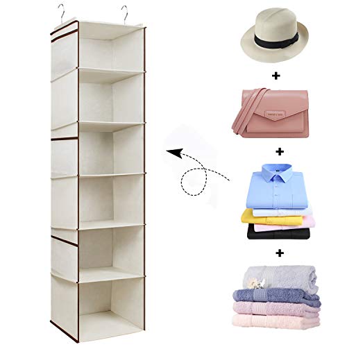 Univivi 6 Layer Closet Organizers and Storage, Hanging Shelves for Closet with 6 Side Pockets, Hanging Closet Shelves, Hanging Shoes Closet Sweater Organizer for Closet- Beige