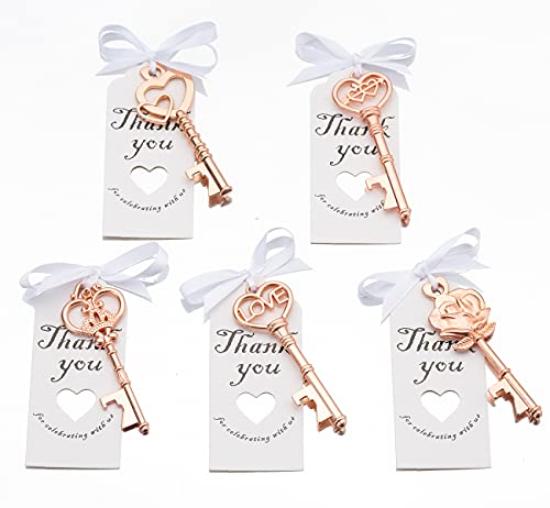 50PCS Key Bottle Openers,Vintage Key Bottle Opener,Wedding Favors or Bridal Shower Party Return Gifts Skeleton Bottle Opener with Blessing Tag Cards and Keychains (rose gold)