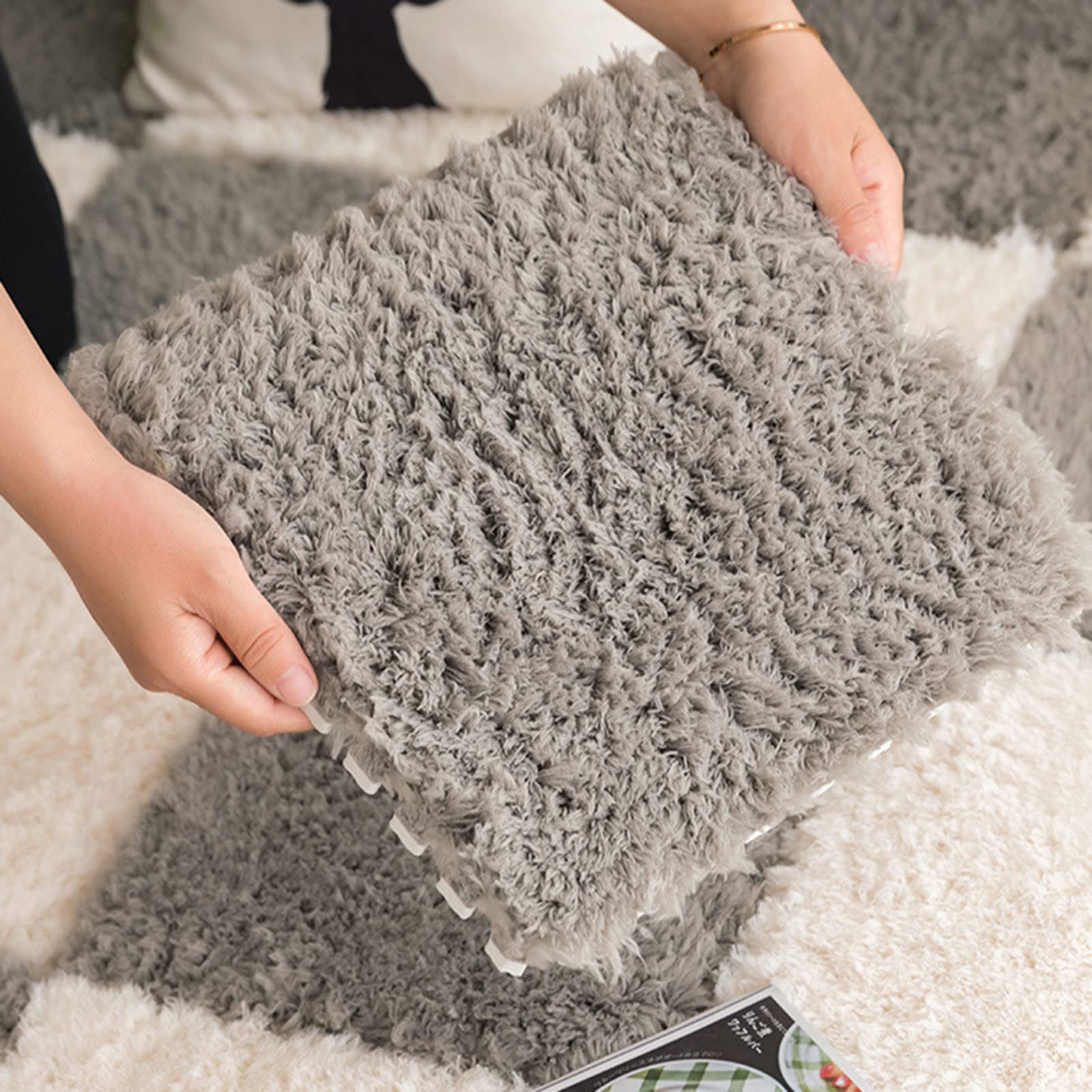 16Pcs Interlocking Foam Carpet,Shaggy Soft Foam Play Mat,Fluffy Area Rugs,Square Plush Puzzle Floor Tiles,Crawling Mats for Living Room Bedroom,12X12inch,Grey