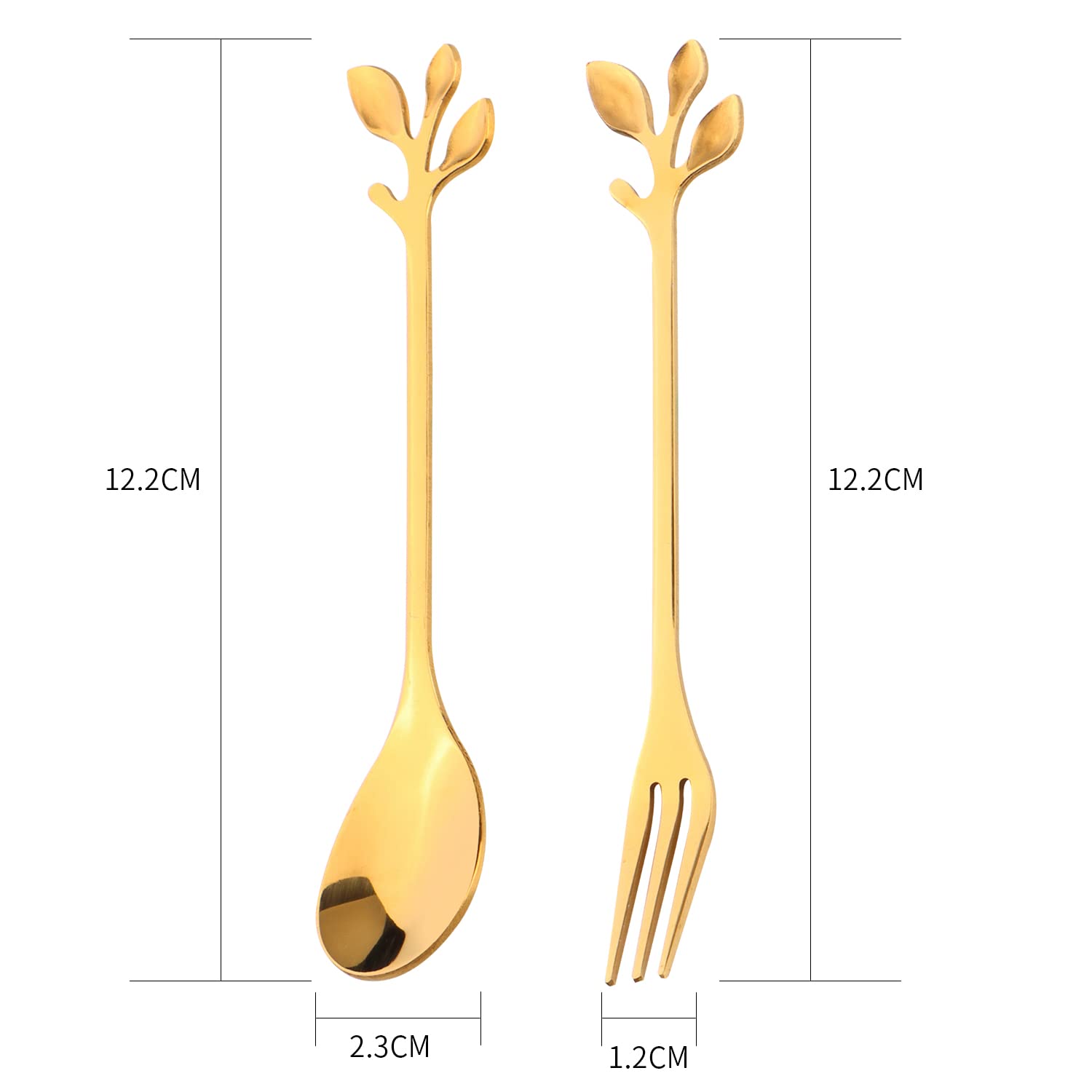 12pcs Stainless Steel Gold Leaf Coffee Spoon and Cake Fruit Forks Kitchen Accessory Wedding Party for Dessert, Salad, Appetizer, Spoon and Fork Set(6 Forks + 6 Spoons) (Gold)