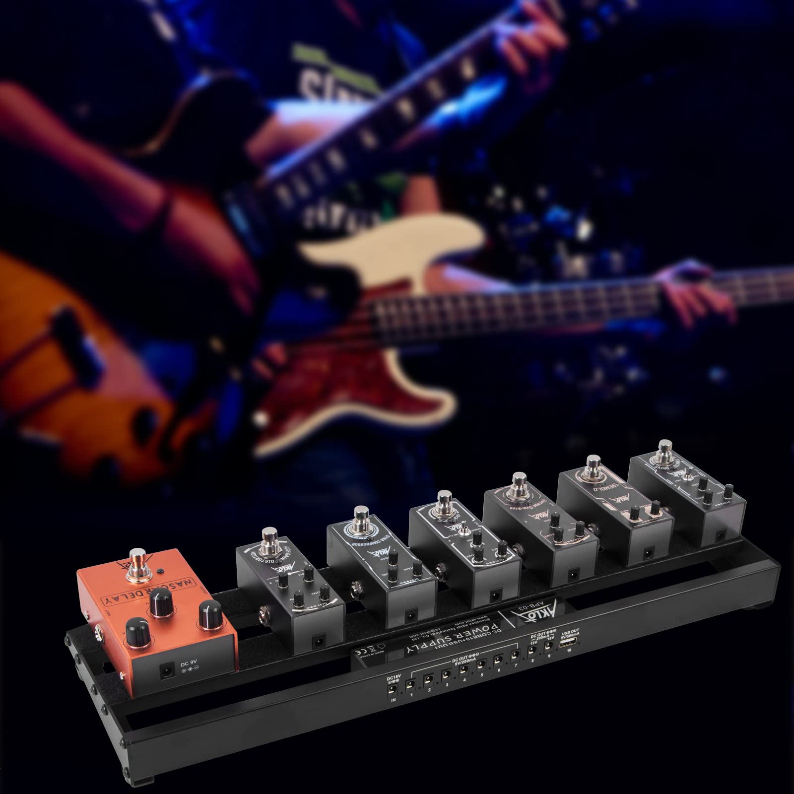 AKLOT Guitar Pedal Board with Built-in Power Supply Guitars Effect Pedalboard Aluminium Alloy Power Supply 19" x 5" with Bag, Pedal Cable