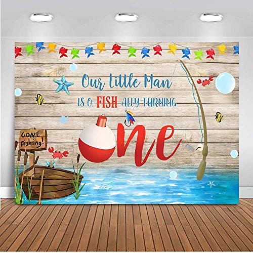 Mocsicka Gone Fishing Birthday Party Backdrop O-Fish-Ally 1st Birthday Party Decoration for Boy Rustic Wooden Cake Smash Photography Background (7x5ft)
