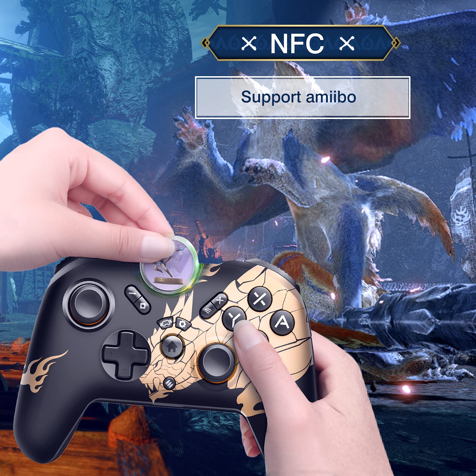 AKNES Monster Hunter Rise Switch Pro Controller, Wireless Bluetooth Gamepad for Switch/OLED Switch/Switch Lite/PC, with NFC Wake-up Function,Support Amiibo Motion Control Turbo Vibration