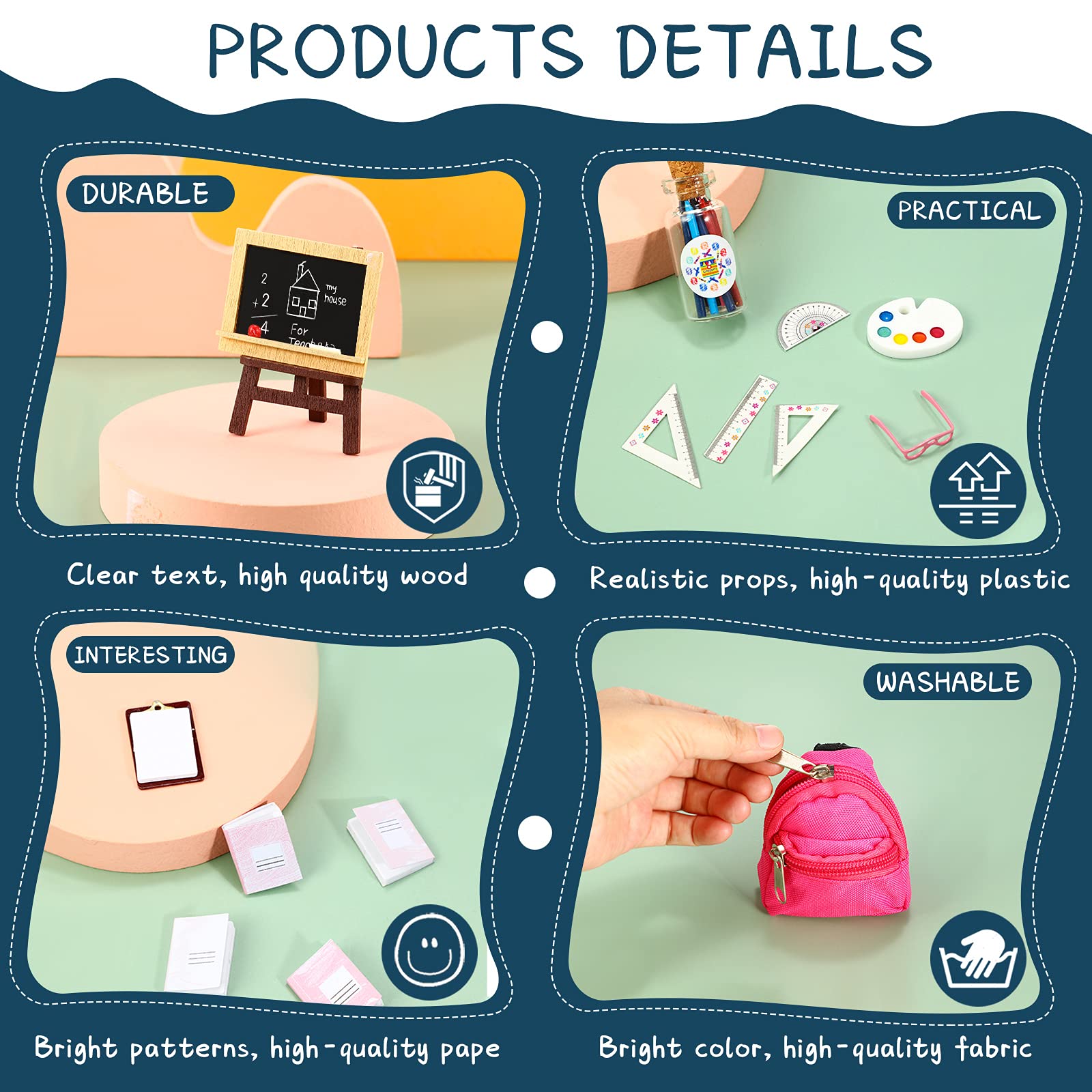 14 Pieces Mini Doll School Supplies for 11.5 inch Doll, Includes Mini Doll Backpack Glasses Blackboard Miniature Books Paper Clipboard Pencil Doll Rulers Doll Accessories(Cute Style)