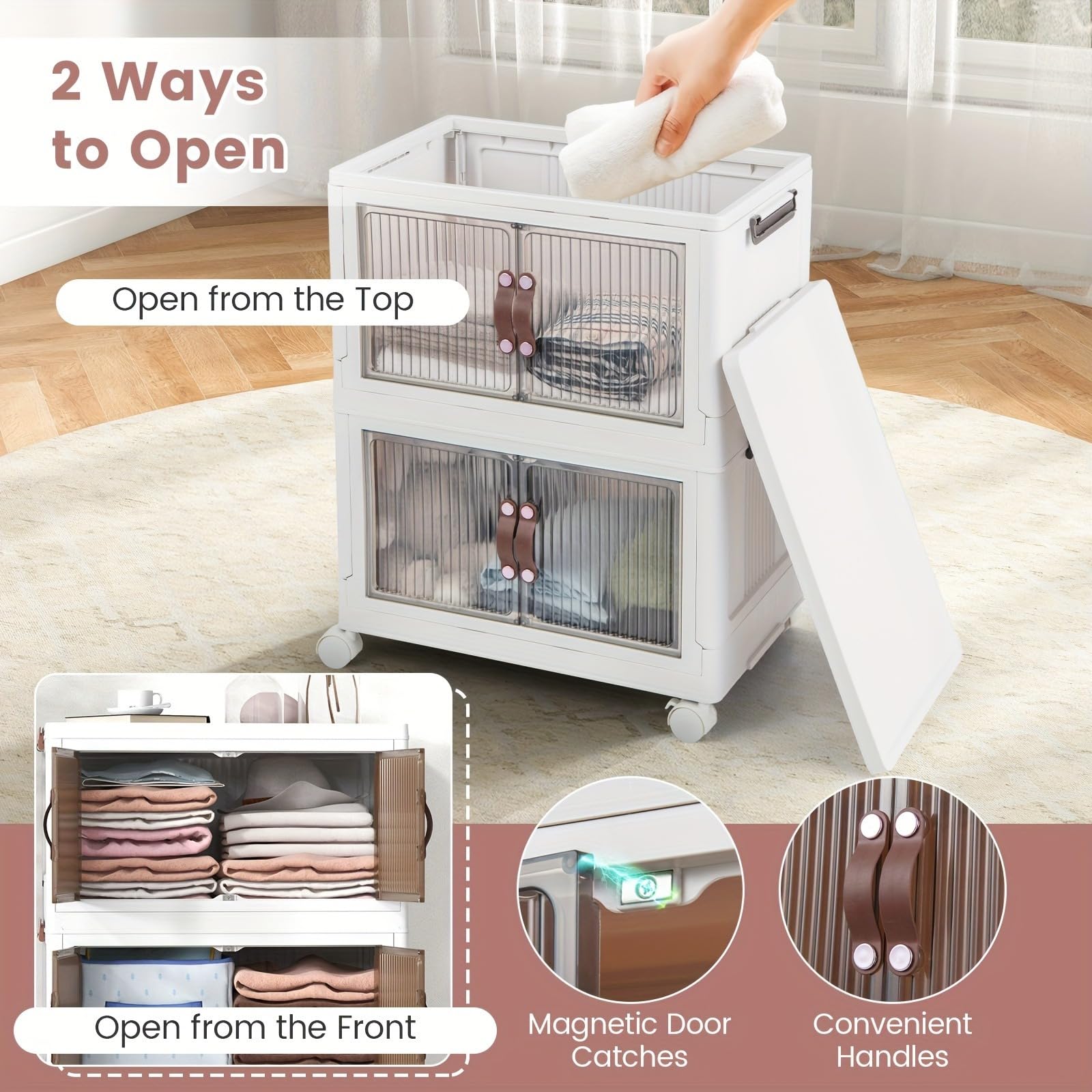3 Tier Plastic Storage Bins with With Lids 82QT, Stackable Storage Containers with Wheels, Folding Storage Boxes, Collapsible Storage Bins, Closet Organizers and Storage for Living Room (5-Tier 34QT)