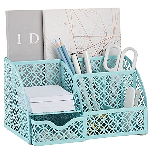 Annova Mesh Desk Organizer Office with 7 Compartments + Drawer/Desk Tidy Candy/Pen Holder/Multifunctional Organizer - Turquoise