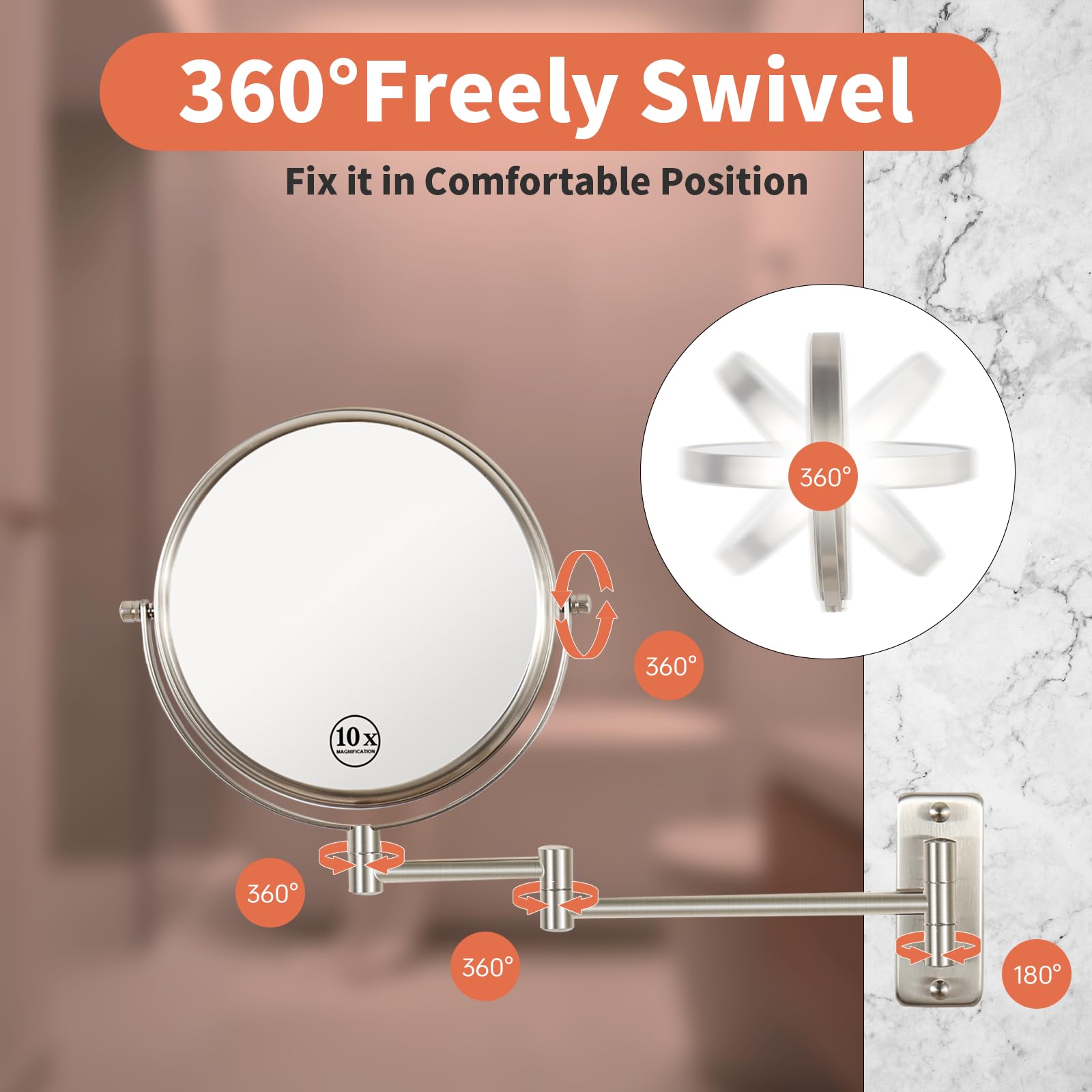 Erlingeryi 8" Wall Mounted Makeup Mirror 1X/ 10x Magnifying Mirror Double Sided Vanity Makeup Mirror for Bathroom Nickel Brush Finish