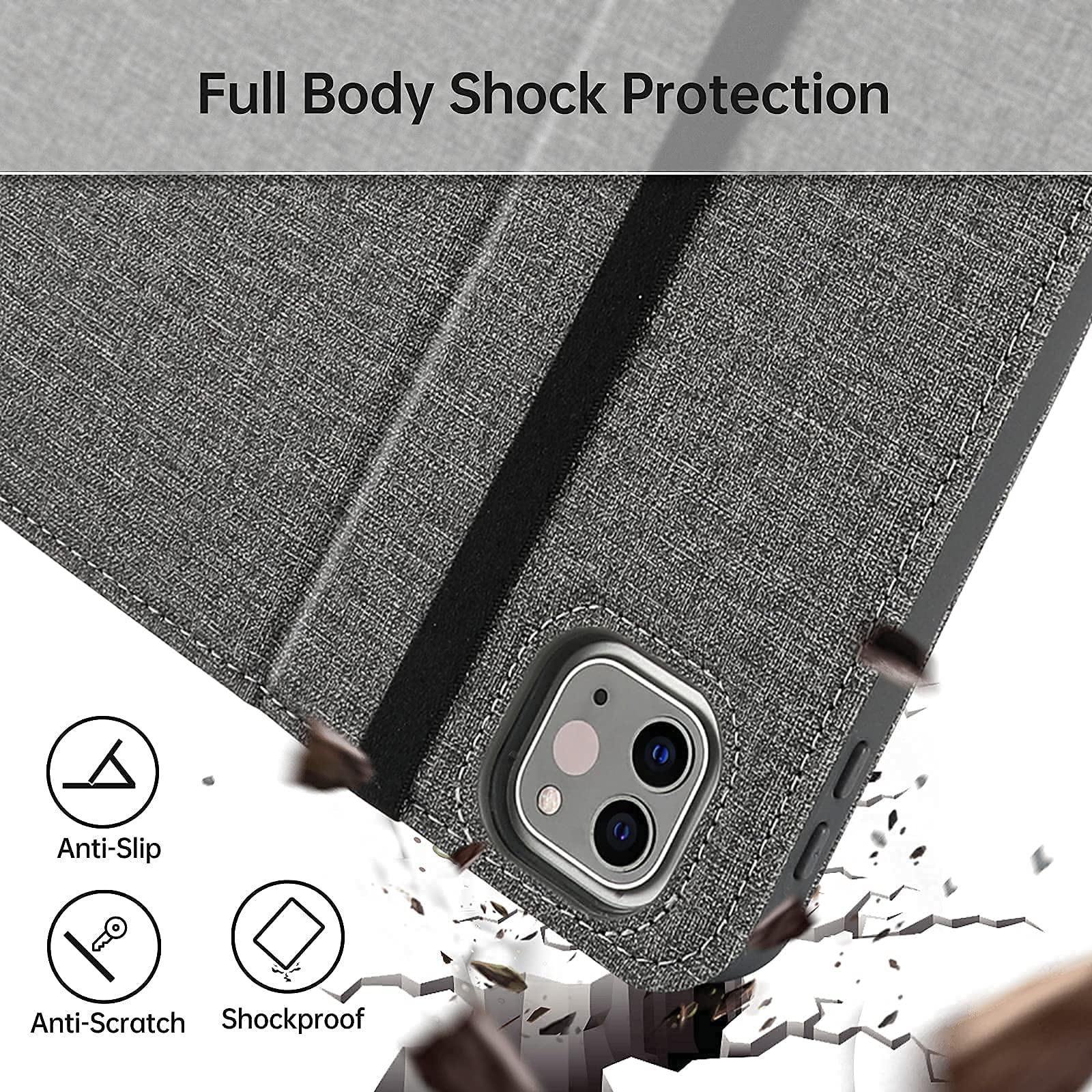 iPad Pro 12.9 Case 6th Generation 2022 / 5th Gen 2021/2020 4th / 2018 3rd Gen, iPad Pro Cases with Pencil Holder, Full-Body Protection Leather Cover for Women, Auto Wake/Sleep - Grey
