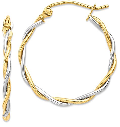 14K Two Tone Gold 1.8mm Twisted Round Hoop Earrings