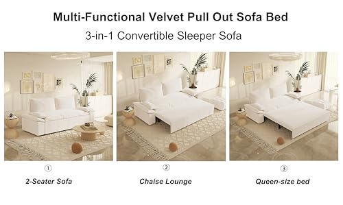 3-in-1 Convertible Queen Size Pull Out Sleeper Sofa Bed, Velvet Fabric Multi-Functional Futon Loveseat Couch Bed Lounge Chaise with 2 Soft Pillows and Detachable Cushions for Living Room