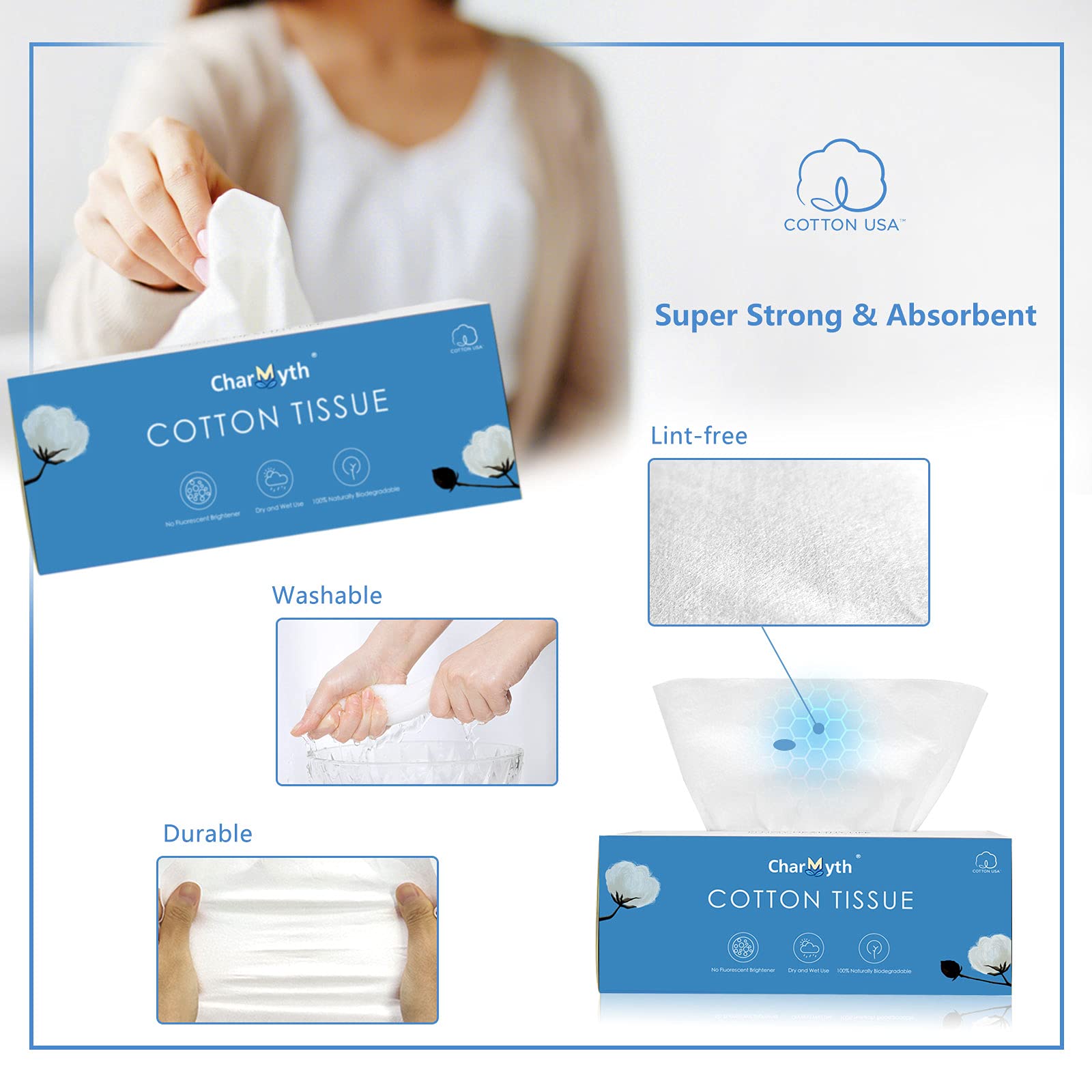 Charmyth Extra Thick Disposable Face Towel, Disposable Makeup Removing Wipes, 100% USA Cotton and 100% Organic & Cruelty Free, Lint-Free Cotton Tissues for Sensitive Skin 1 Count (Pack of 100)