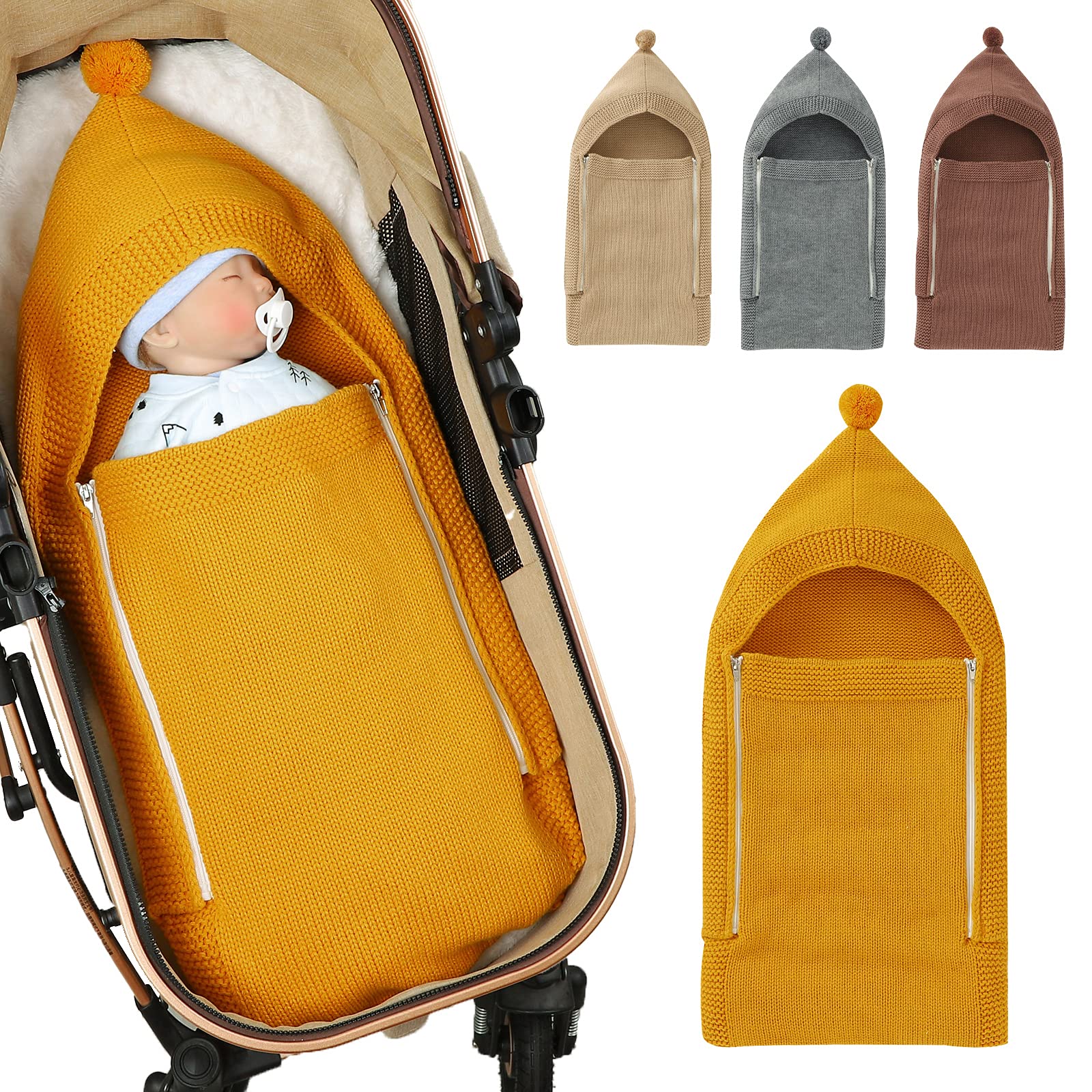 Newborn Baby Swaddle Blanket Knitted Baby Hooded Sleeping Bag Soft Warm Stroller Wrap Cozy Receiving Blanket for 0-6 Months Boys Girls (Yellow)