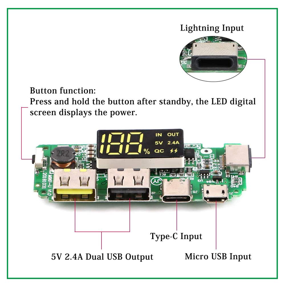 WSDMAVIS 1Pcs 18650 Charger Board Lithium Battery Charging Module Dual USB 5V 2.4A MiniType-C Power Bank Module DIY with Overcharge Overdischarge Short Circuit Protection LED Display