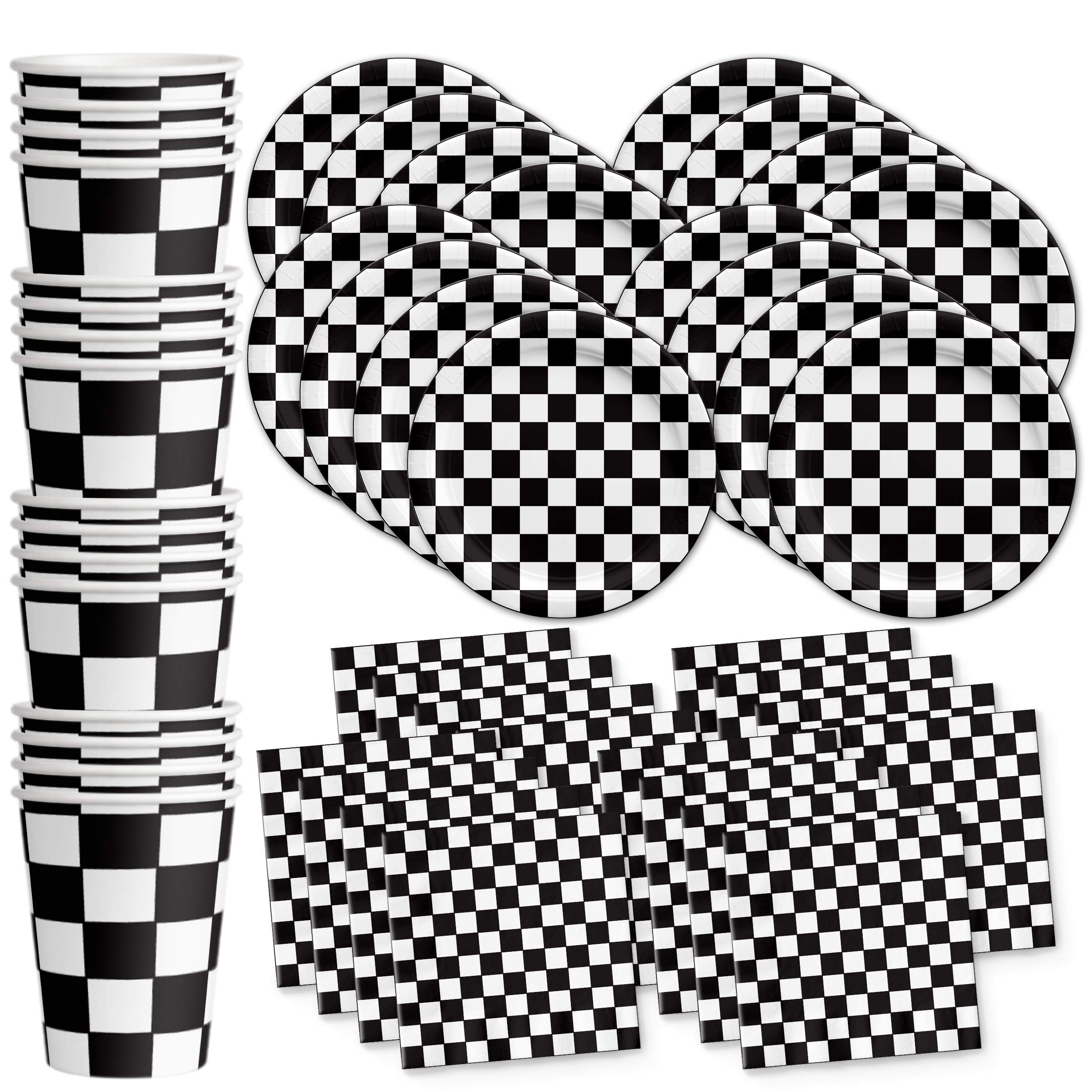 Checkered Flag Party Supplies - Black and White Checkered Party Supplies - Race Car Theme Party | Tableware Set Includes Plates Napkins and Cups | Kit for 16
