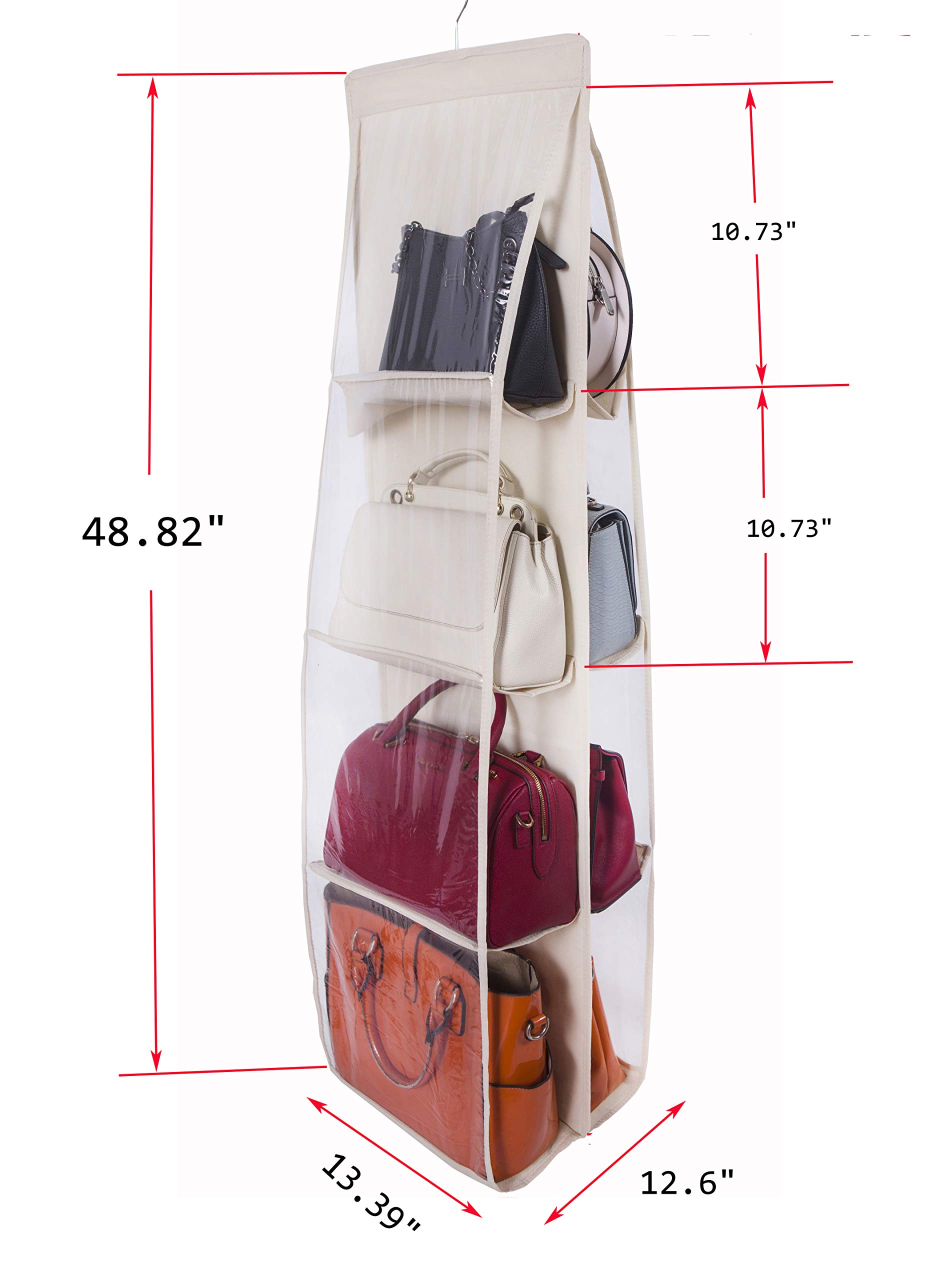 Amelitory Hanging Handbags Holder for Closet 4 Shelf Purse Bags Storage 8 Compartment Dust-Proof Organizer Beige