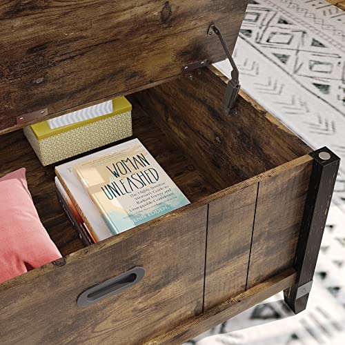 Bestier Farmhouse Coffee Table, Square Wood Center Table with Large Hidden Storage Compartment for Living Room, Rustic Cocktail Table with Hinged Lift Top for Home, Brown