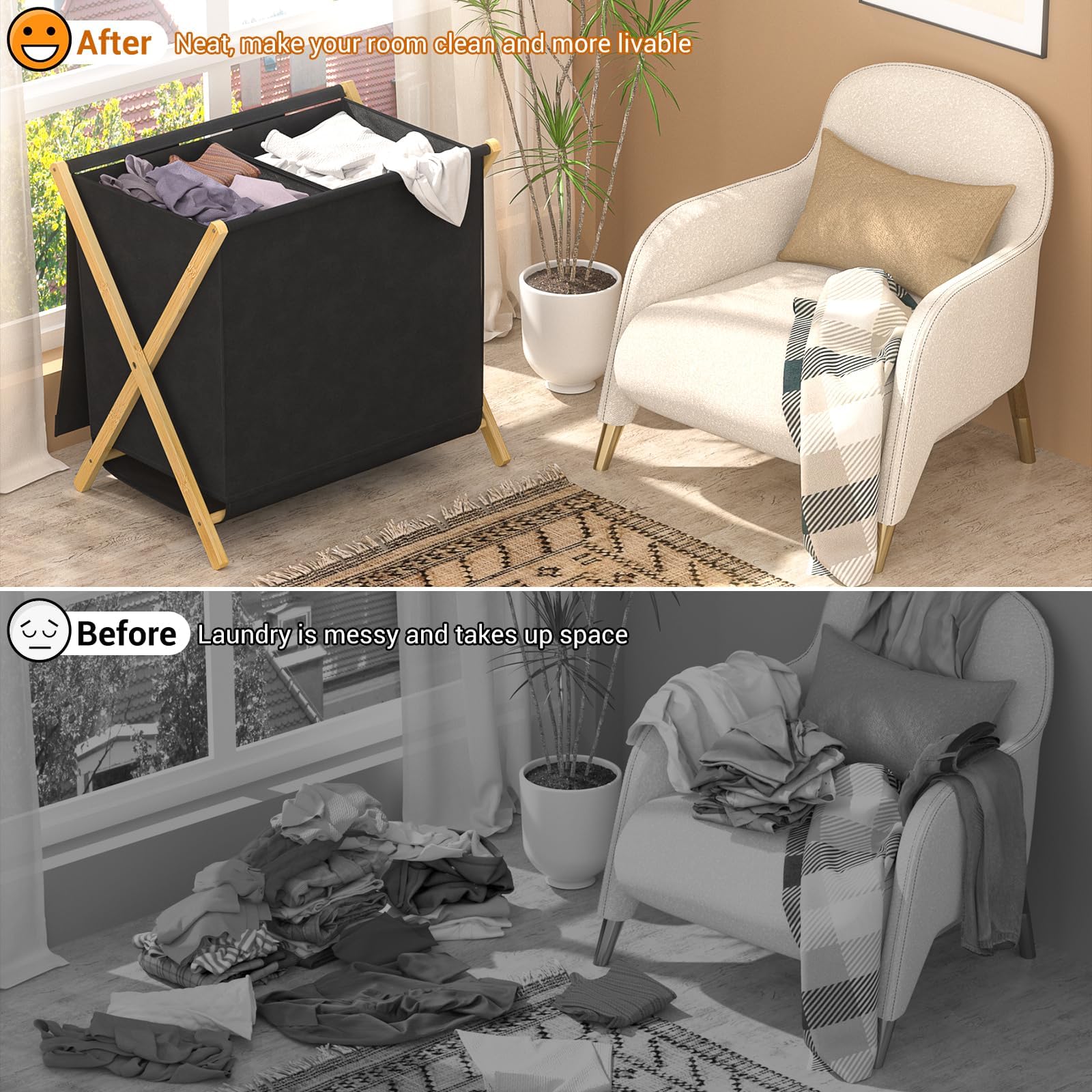 2-Section Extra Large Laundry Hamper with Lid, 125L (33 Gal) Divided Dirty Clothes Laundry Basket with Bamboo Frame, Double Hampers Organizer for Laundry Room, Bathroom, Bedroom, Black
