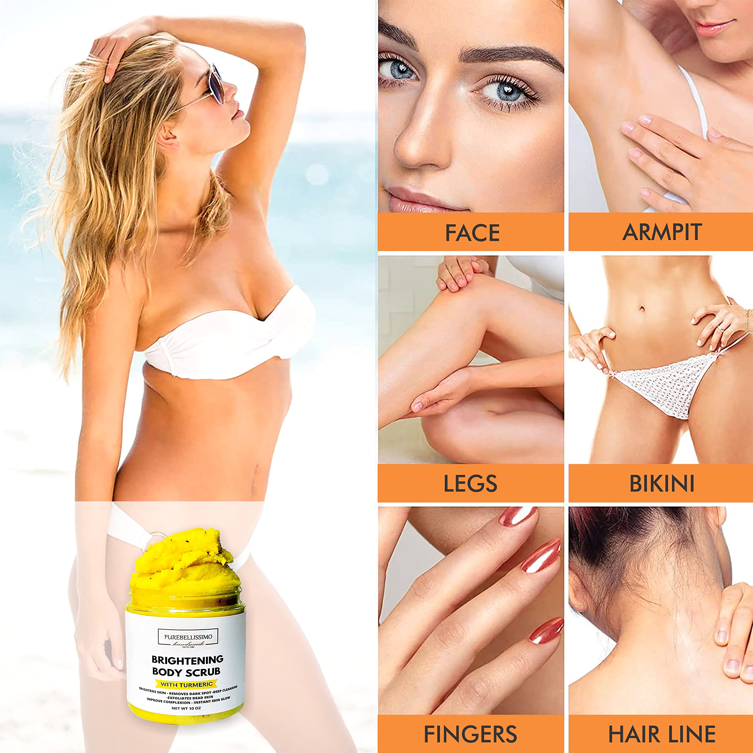 Turmeric Skin Brightening Scrub for Dark Spots, Dark Inner Thighs Bikini Area Underarms, Natural Exfoliating Turmeric Face Scrub ALL NATURAL 10OZ