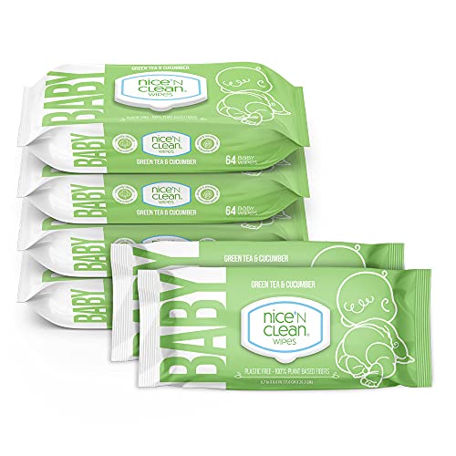 Nice 'N Clean Scented Baby Wipes | Made with Plant-Based Fibers | Green Tea Cucumber Scent | 64 Wipes (Pack of 6)