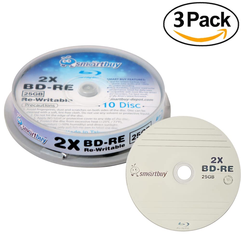 30 Pack Smartbuy 2X 25GB Blue Blu-ray BD-RE Rewritable Branded Logo Blank Bluray Disc