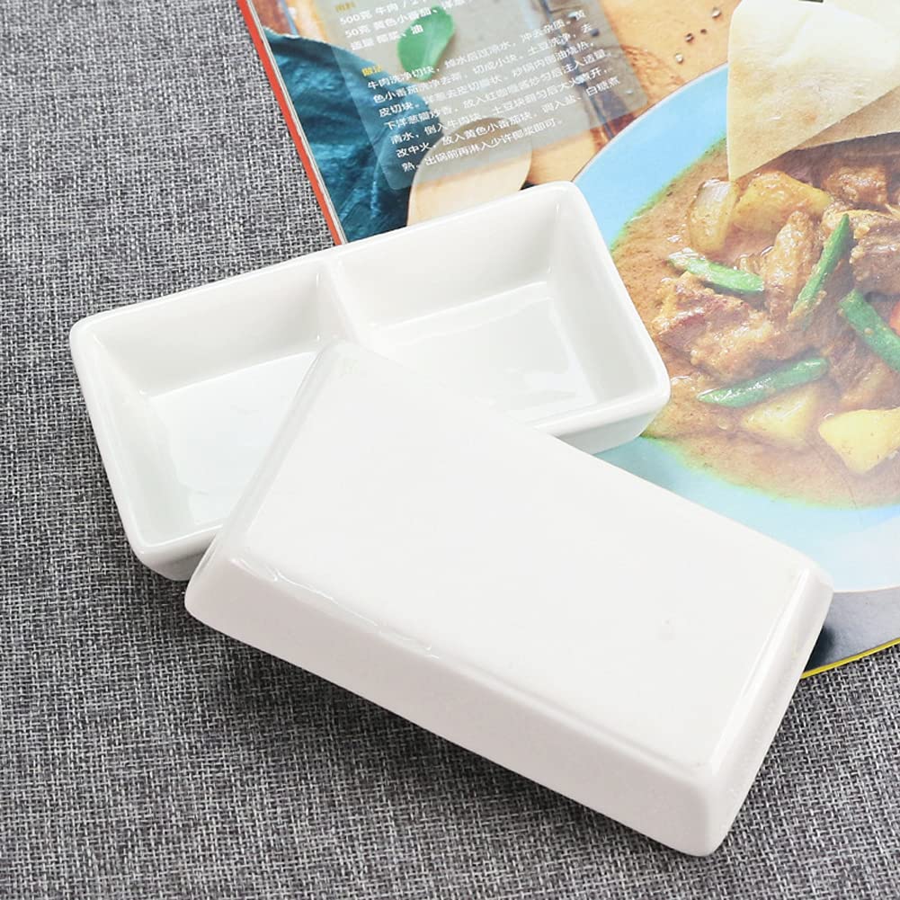 1PC White Ceramic Serving Platter Rectangular 2 Compartment Appetizer Serving Tray Divided Spices Vinegar Nuts Sauce Dishes for Home Kitchen Restaurant