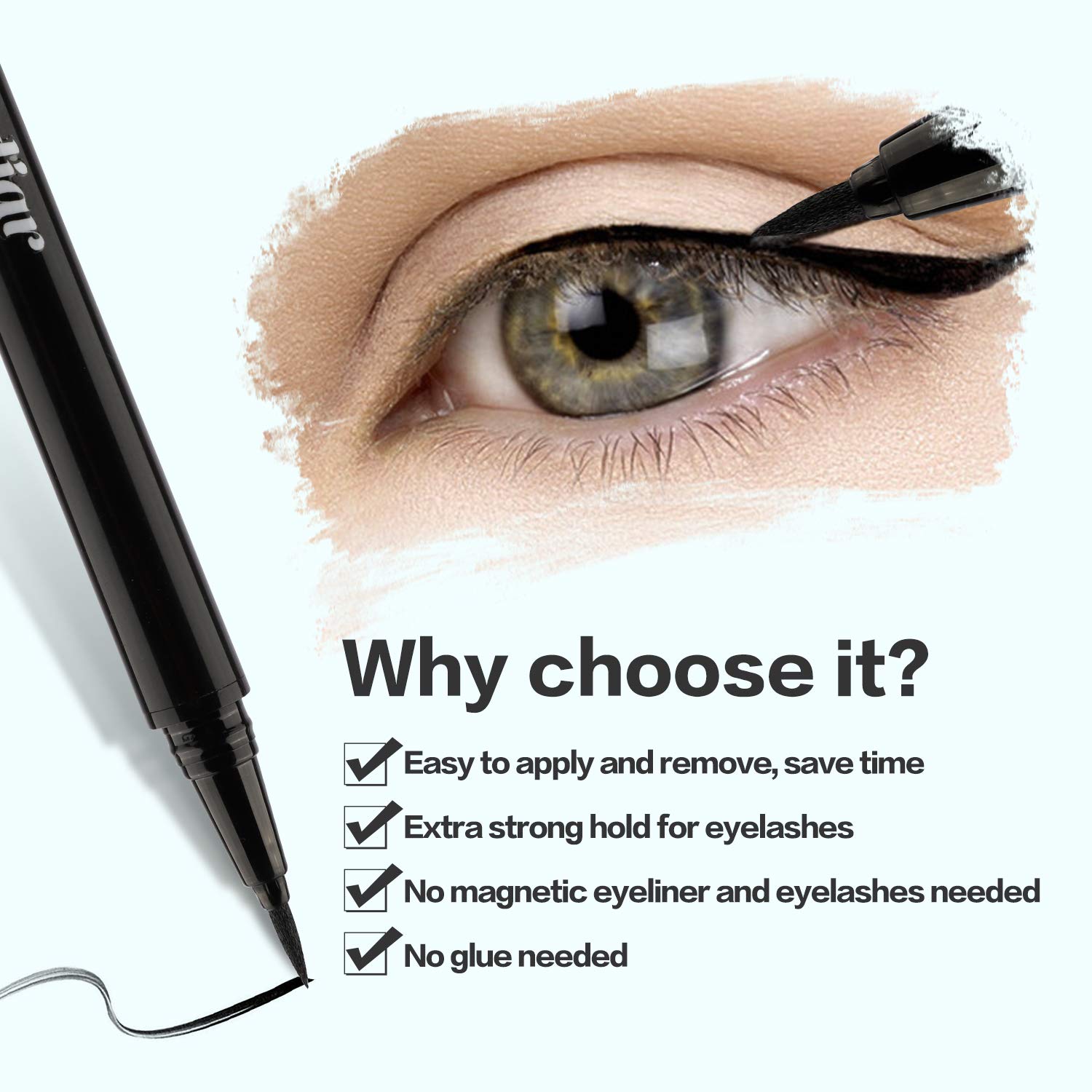 2 in 1 Self-Adhesive Eyeliner, Extra Stong Hold for Lashes, Waterproof Black Liquid Eyeliner Pen - No Magnetic Eyelashes and No Glue Needed
