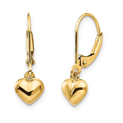 14K Yellow Gold Polished Puffed Heart Leverback Drop Dangle Earrings for Women