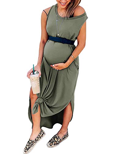 ANRABESS Women Dresses Sleeveless Split Long Maxi Beach Dress for Beach with Pockets A19ganlanlv-M Olive
