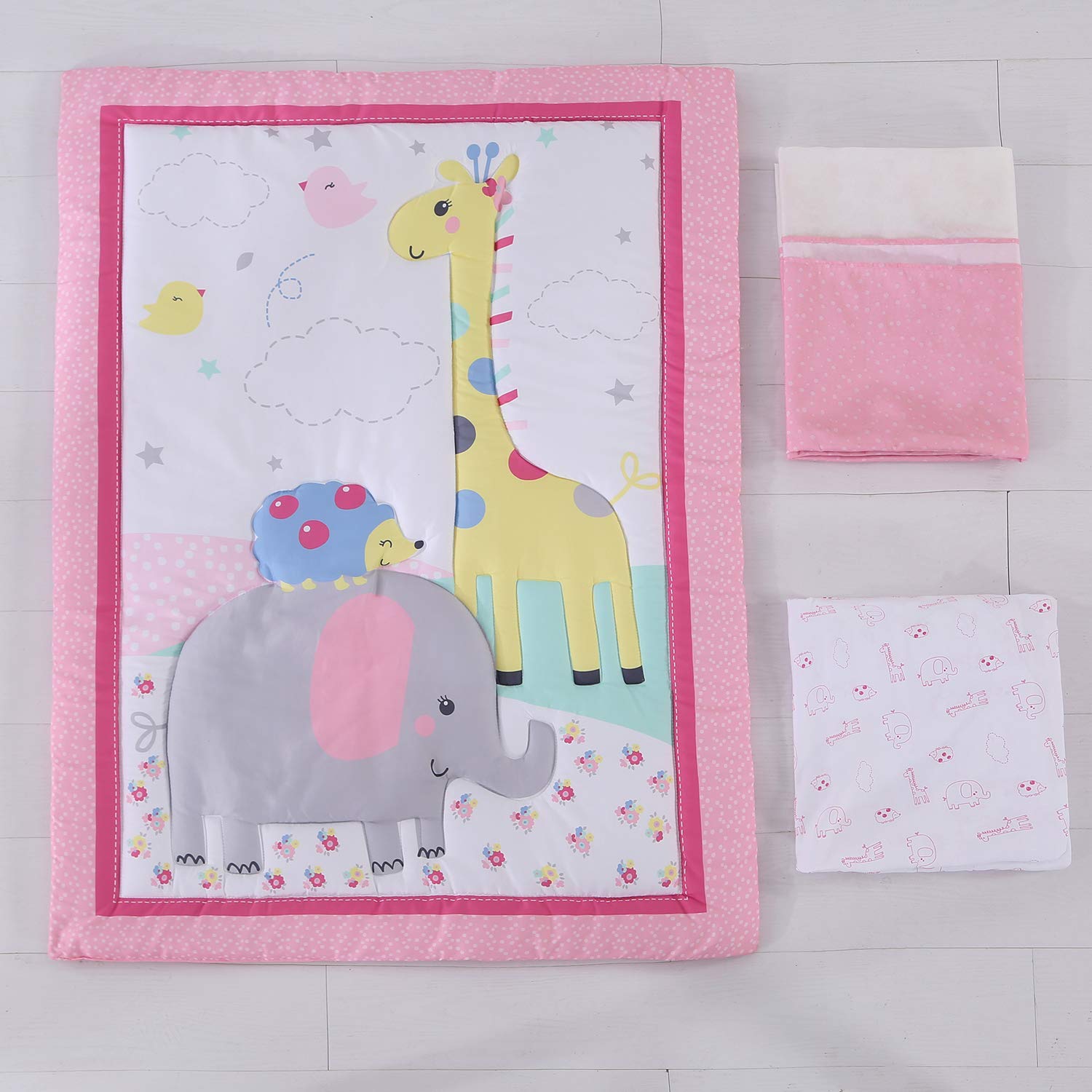 VIVILINEN Pink Elephant Crib Bedding Set for Girls 3 Pieces Giraffe Hedgehog Animals Infant Nursery Baby Crib Comforter Set with Crib Bed Blanket Quilt Fitted Sheet Skirt Set