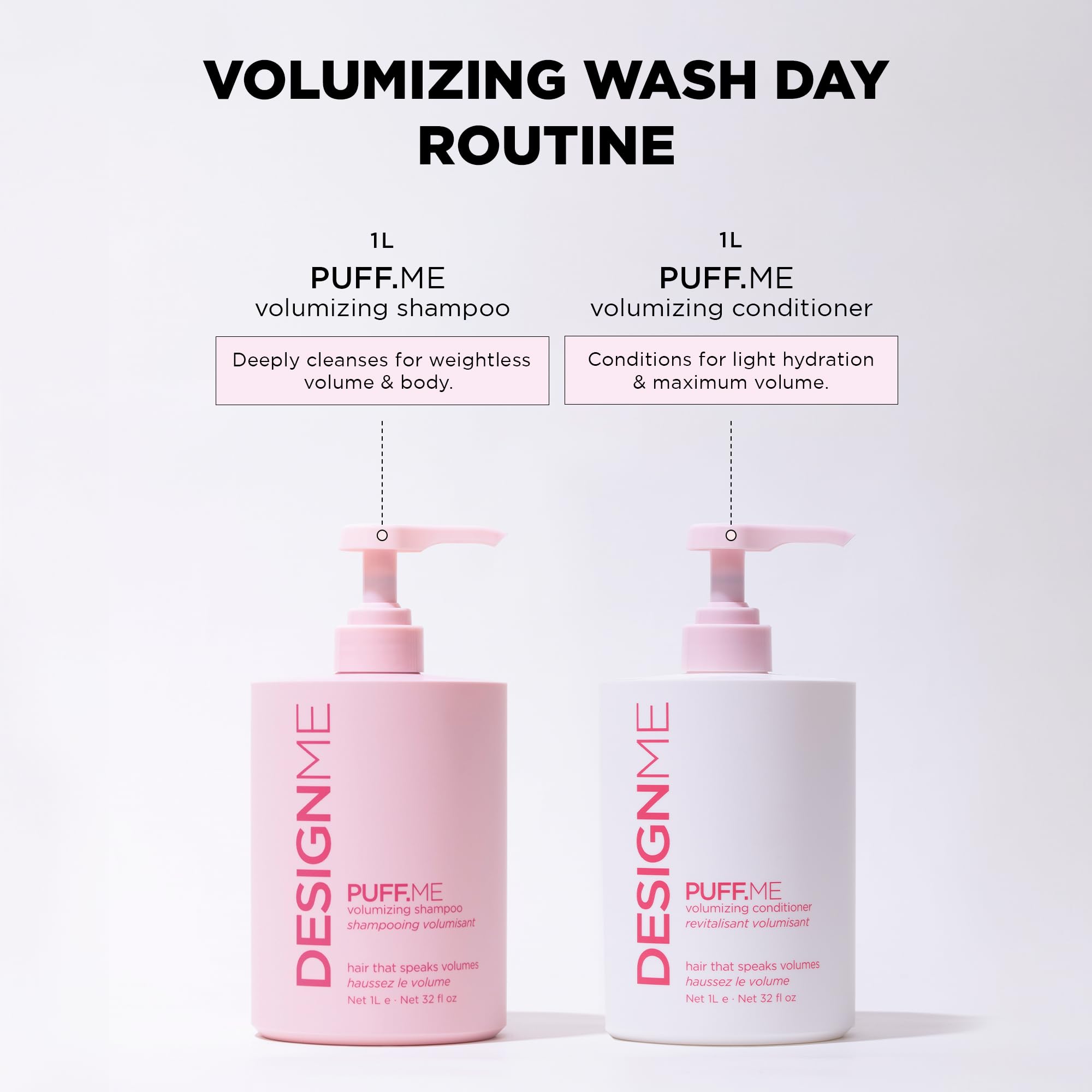 Design.Me PUFF.ME Hair Volume Shampoo and Conditioner Bundle | Paraben & Sulfate Free Shampoo & Color Conditioner Enriched with Sunflower Seed Oil | Color-Safe Hair Volumizer Set, (32 Fl Oz Each)
