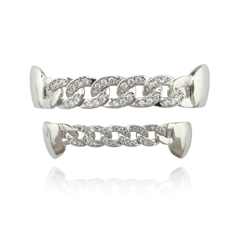18k Gold Siver Pave CZ Open Face Outline 6 Top and Bottom Grills Teeth