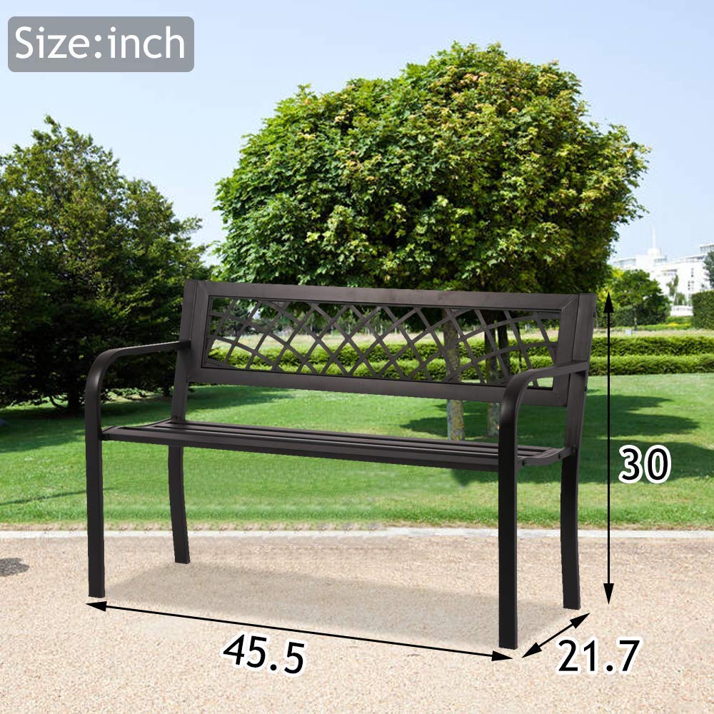45.5in Outdoor Patio Garden Bench Mesh Pattern Loveseat,Cast Iron Heavy Duty Front Porch Chair w/Steel Frame- Easy Assembly Rust Free for Park Yard Backyard Lawn Pool Decor Deck Furniture- Black