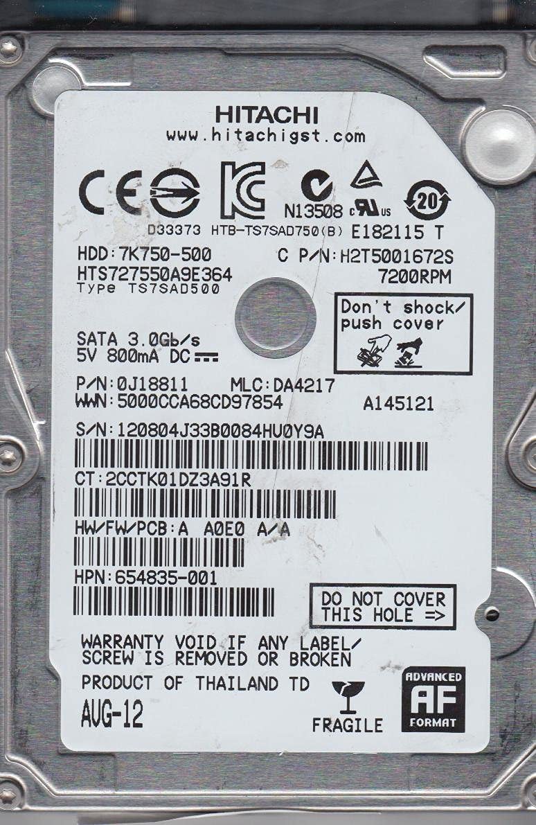 HTS727550A9E364, PN 0J18811, MLC DA4217, Hitachi 500GB SATA 2.5 Hard Drive (Renewed)