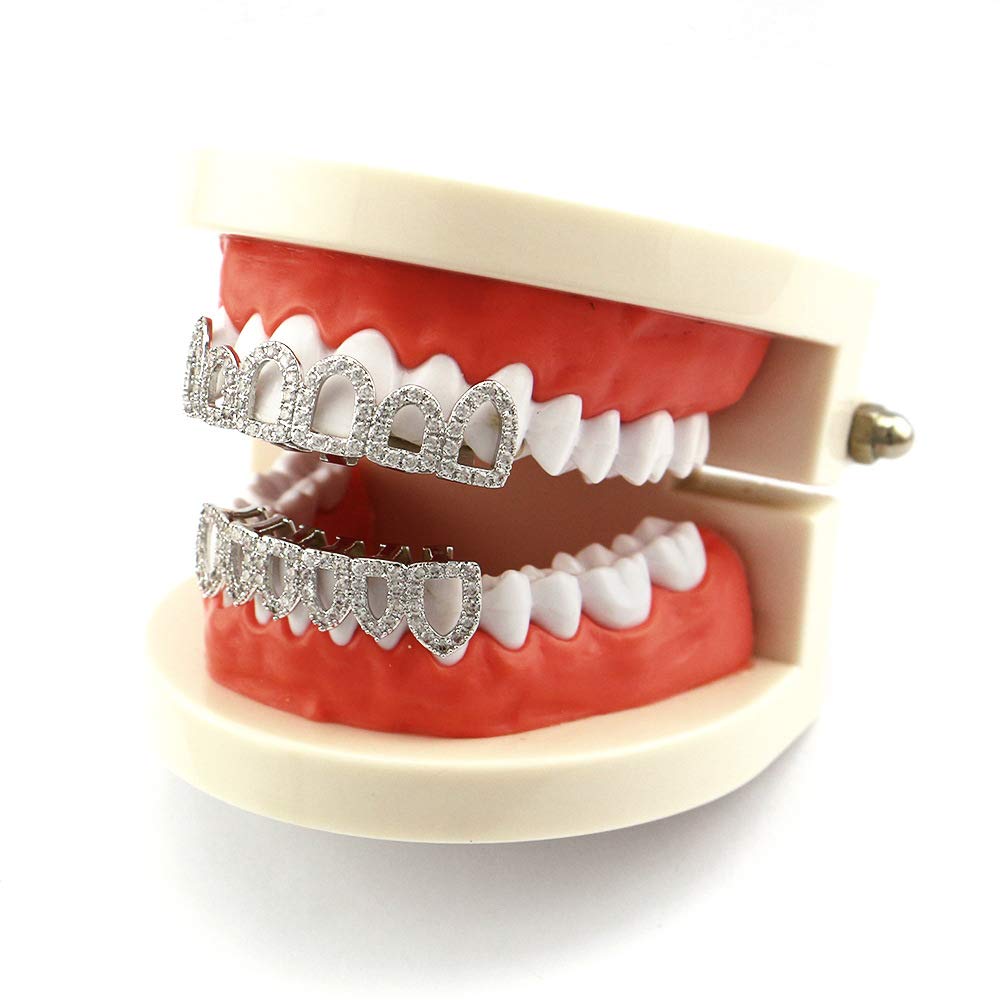18K Gold Tone Iced Out Hip Hop Bling 6 Six Open Face Removable Top & Bottom Grill Grillz Combo Set