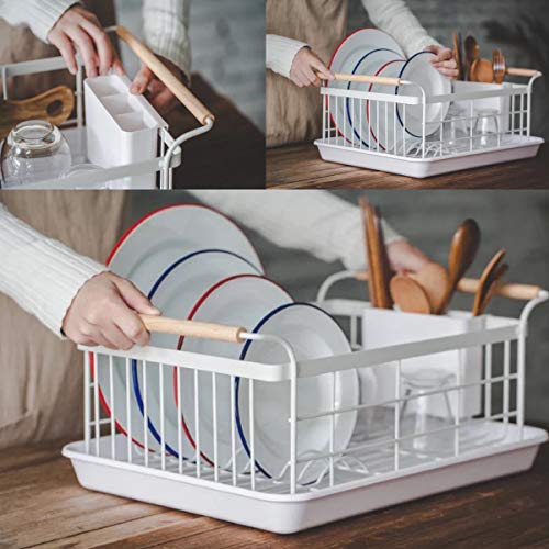 BRIAN & DANY Kitchen Dish Drainer, Drying Rack with Full-Mesh Storage Basket, Wooden Handle, Removable Cutlery Tray
