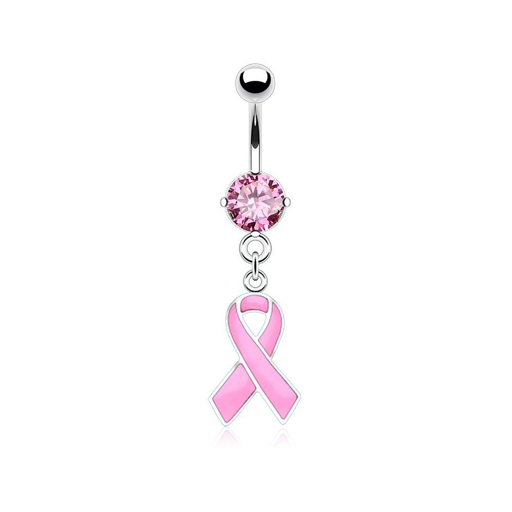 14G Stainless Steel CZ Crystal Breast Cancer Awareness Pink Ribbon Dangling Belly Button Ring (Pink Gem)