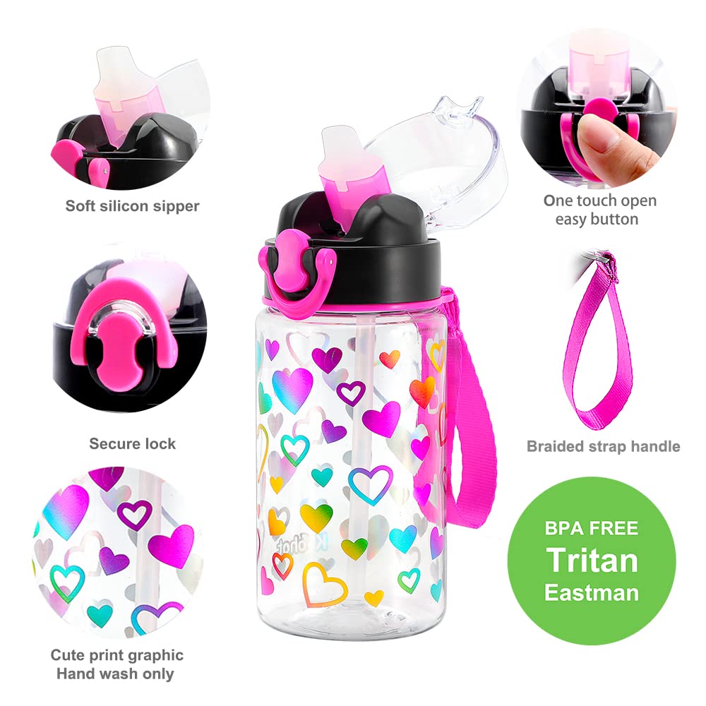 Cute Water Bottle with Straw for Kids Girls Boys, BPA Free Tritan & Leak Proof Flip Top & Soft Silicone Sipper & Easy Clean, 15oz / 450ml (Heart)