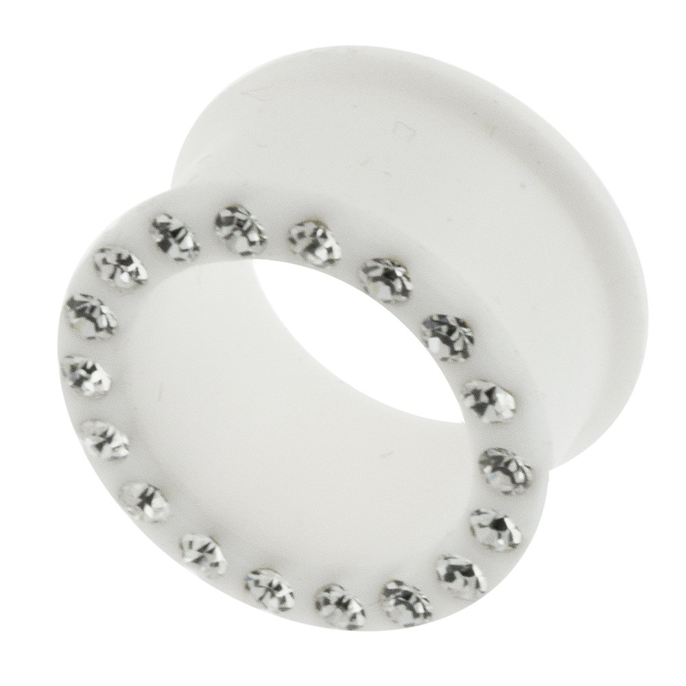 2 Gauge - 6MM Multi Crystal Stone Setting On White Silicone Double Flared Flesh Tunnel - Sold by Piece