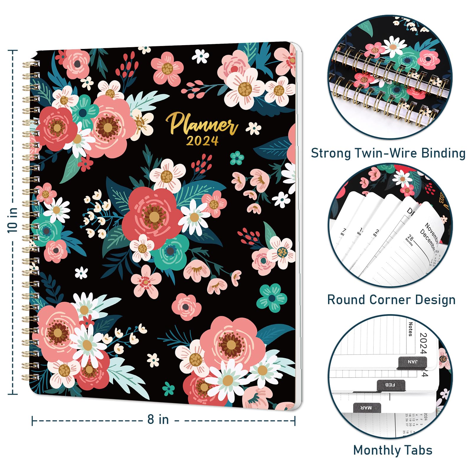 2024 Planner - 2024 Weekly & Monthly Planner from Jan. 2024 - Dec. 2024, 8" x 10", Planner 2024 Weekly and Monthly with Strong Twin-Wire Binding, Round Corner Design, Perfect Daily Organizer