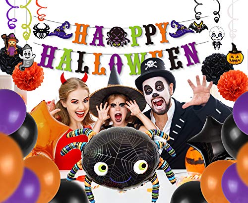 Halloween Party Decorations Kit, Happy Banner, Latex Balloons are Printed with Patterns, Hanging Swirls, Paper Garlands Home Party Halloween Decoration Supplies(48 Pack )