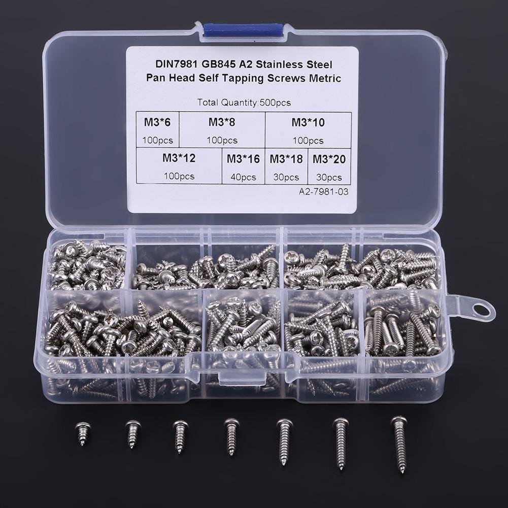 500Pcs M3 Self Tapping Screws Stainless Steel Cross Drive Button Head Self Drilling Screws Assortment(Stainless Steel)
